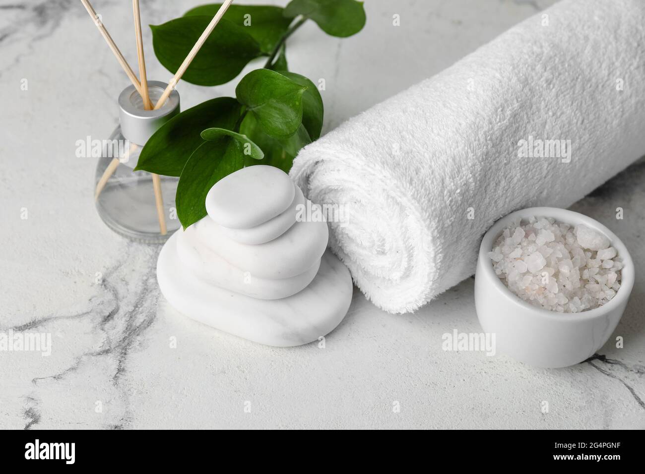 Set of spa supplies on white background Stock Photo - Alamy