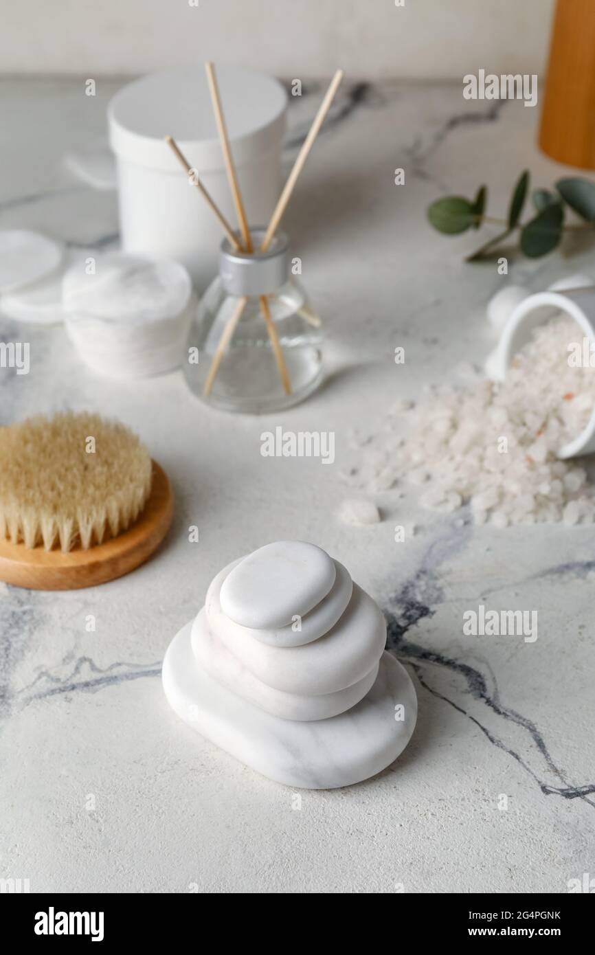 Set of spa supplies on white background Stock Photo - Alamy