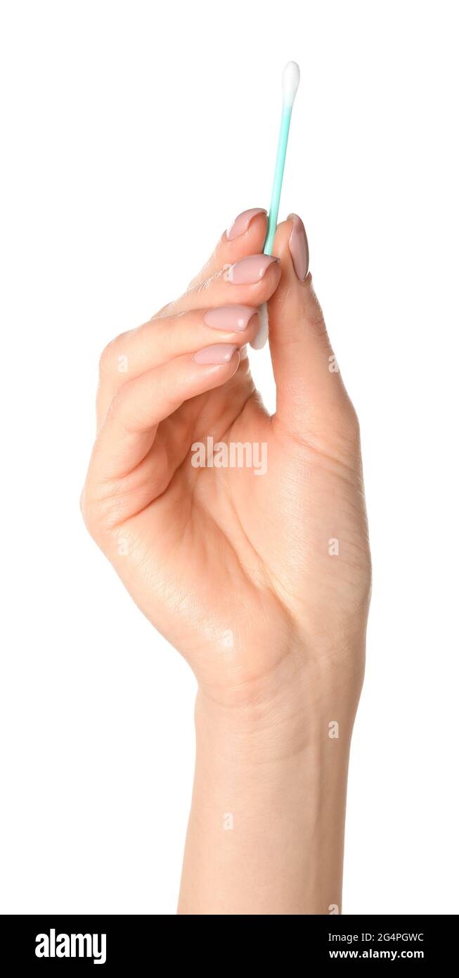 Female hand with cotton swab on white background Stock Photo - Alamy