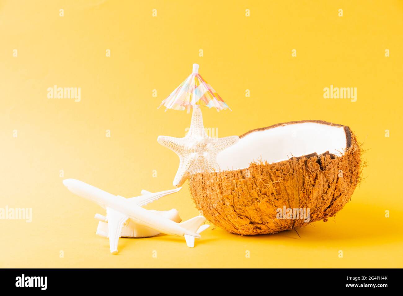 Happy coconuts day concept, fresh coconut, starfish, plane, airplane ...