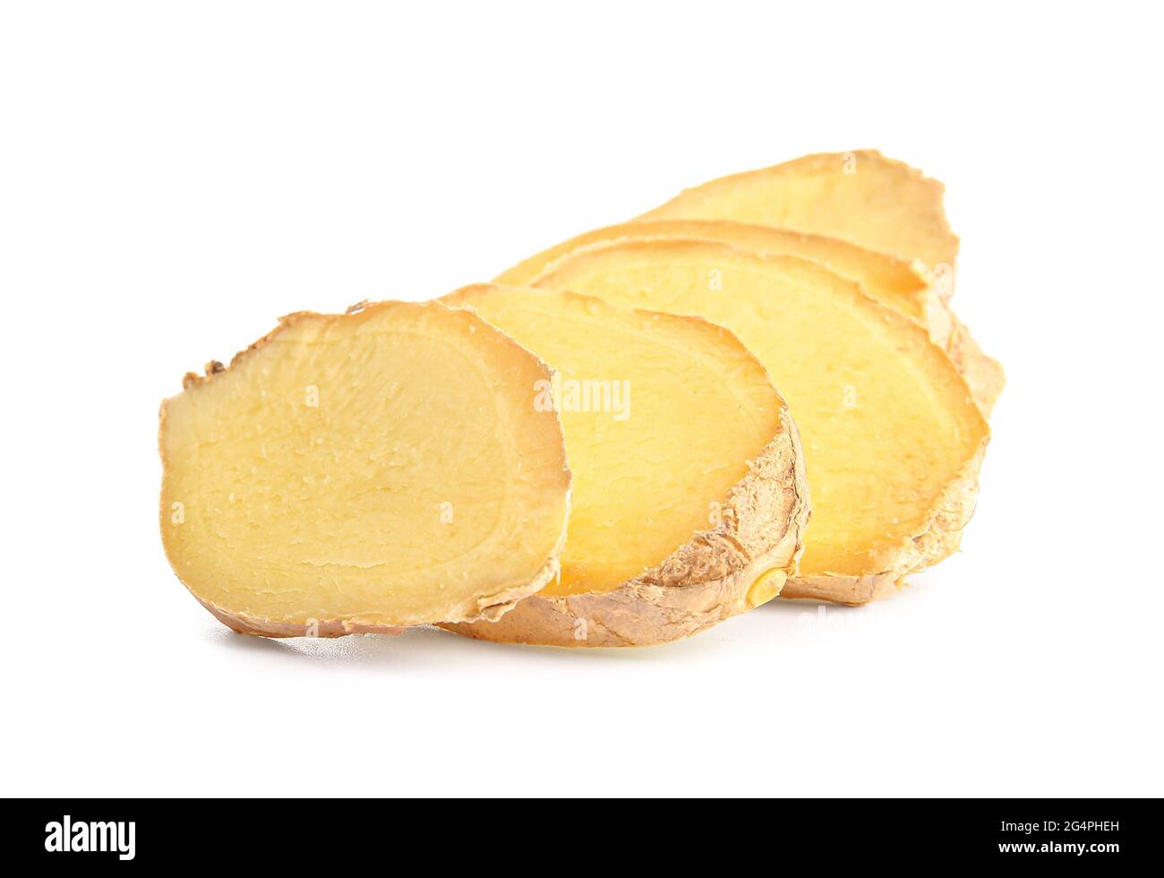 Slices of fresh ginger on white background Stock Photo - Alamy