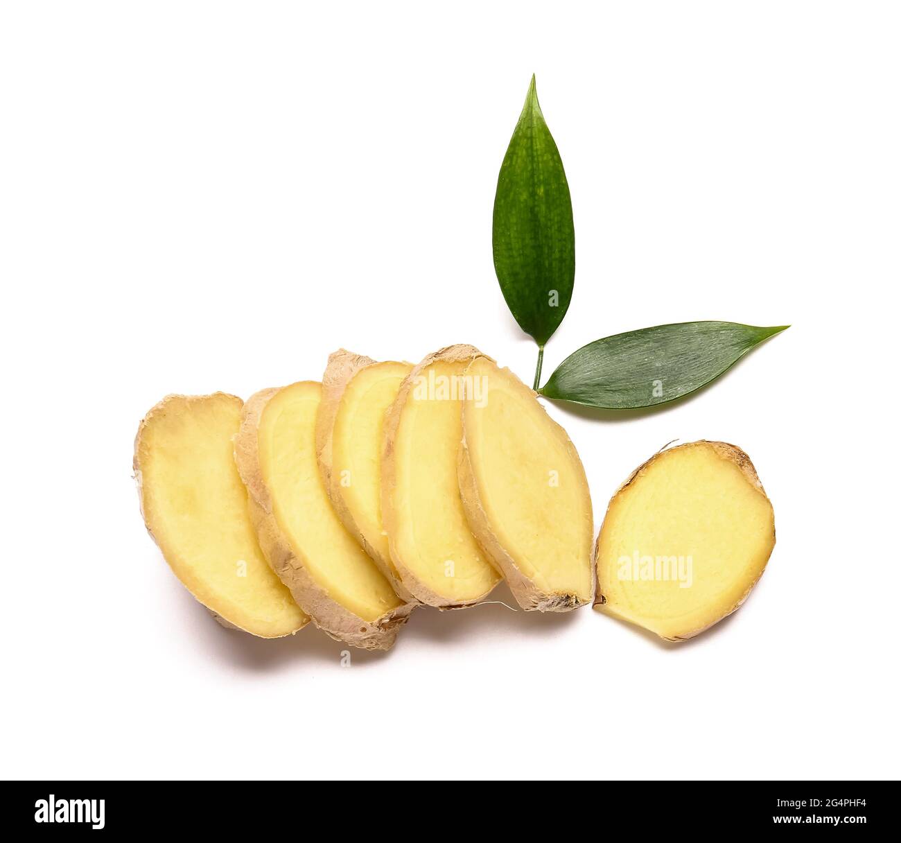 Slices of fresh ginger on white background Stock Photo - Alamy