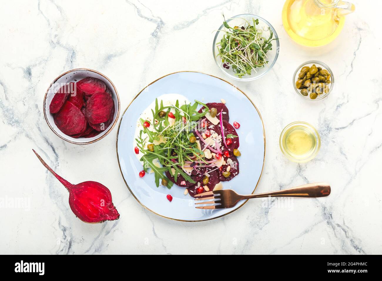 Composition with delicious beetroot carpaccio on light background Stock ...