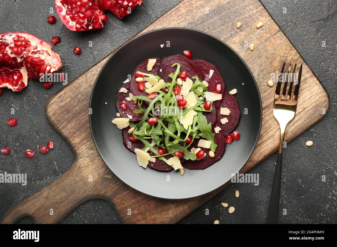 Composition with delicious beetroot carpaccio on dark background Stock ...