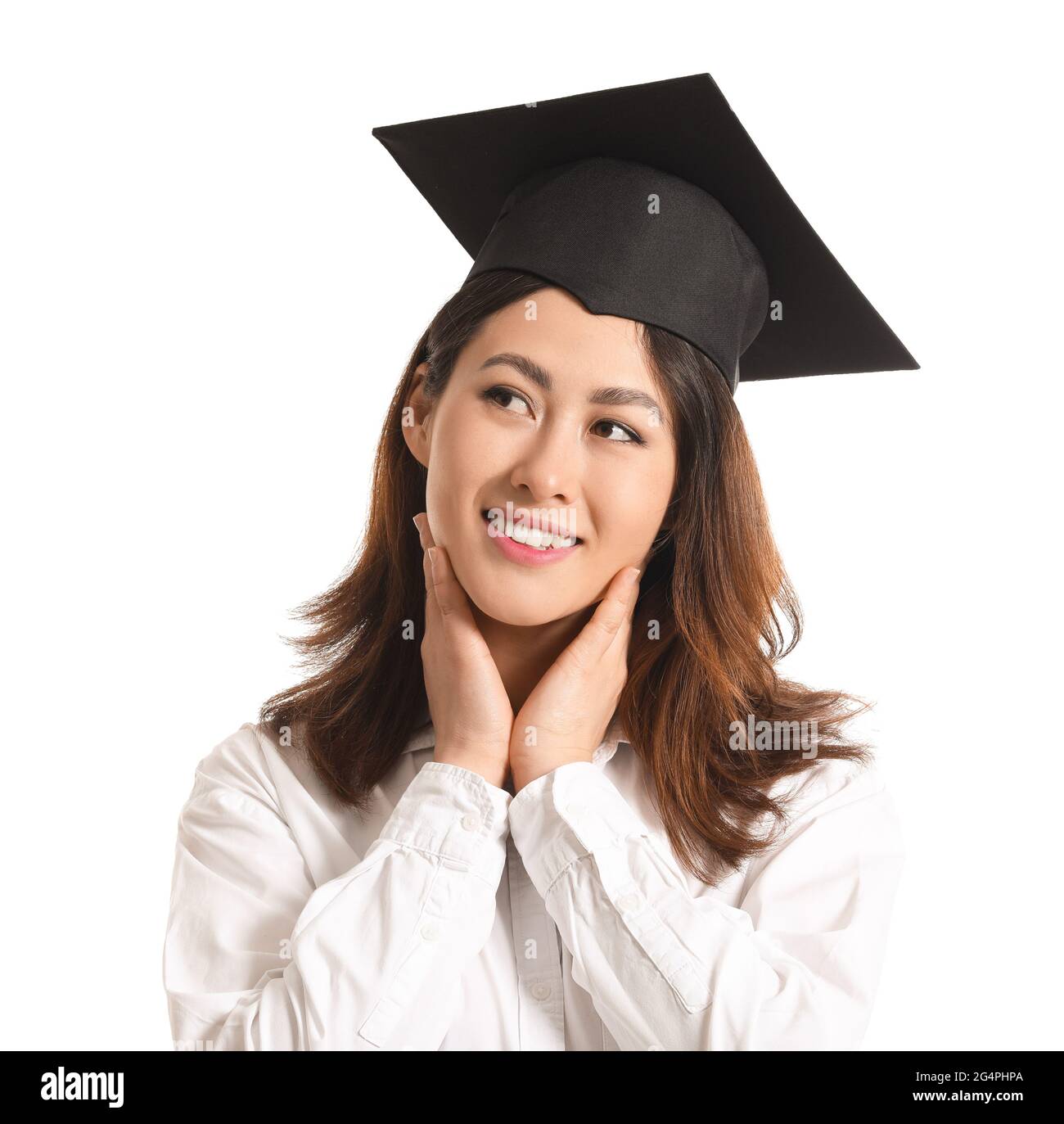 Female graduating student on white background Stock Photo - Alamy