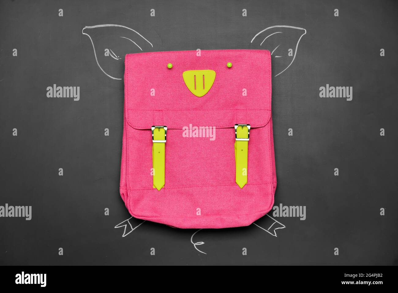 Piggy made of school backpack on dark background Stock Photo - Alamy