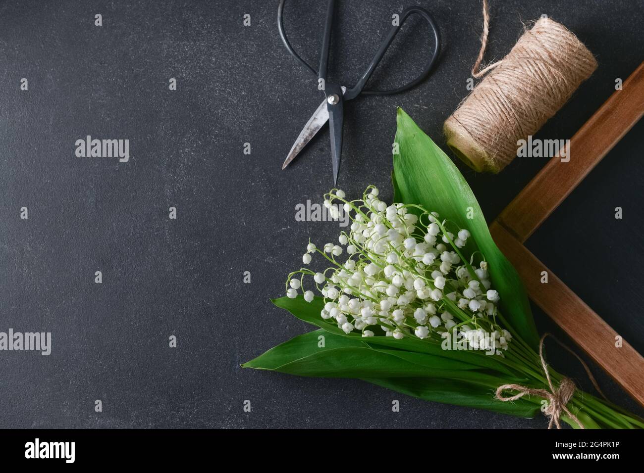 Beautiful lily-of-the-valley flowers and rope on dark background Stock ...