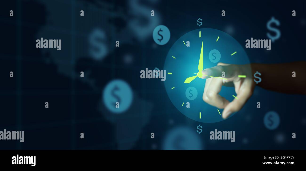 Business time management. Businessman hand pointing clock and money ...