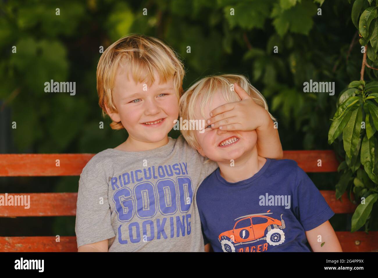 Selective focus of the two adorable Australian little brothers being ...