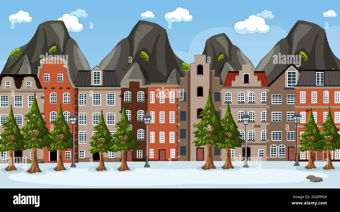 Winter season scene with many buildings along the road illustration ...