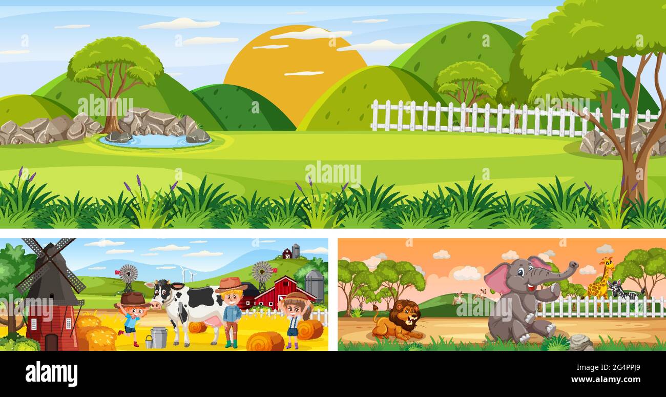 Set of outdoor panoramic landscape with cartoon character illustration ...