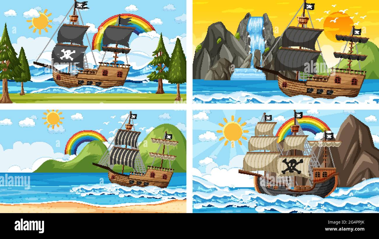 Set of Ocean with Pirate ship at different times scenes in cartoon ...