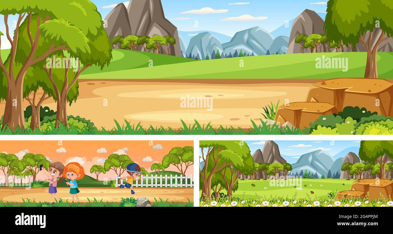 Set of outdoor panoramic landscape with cartoon character illustration ...
