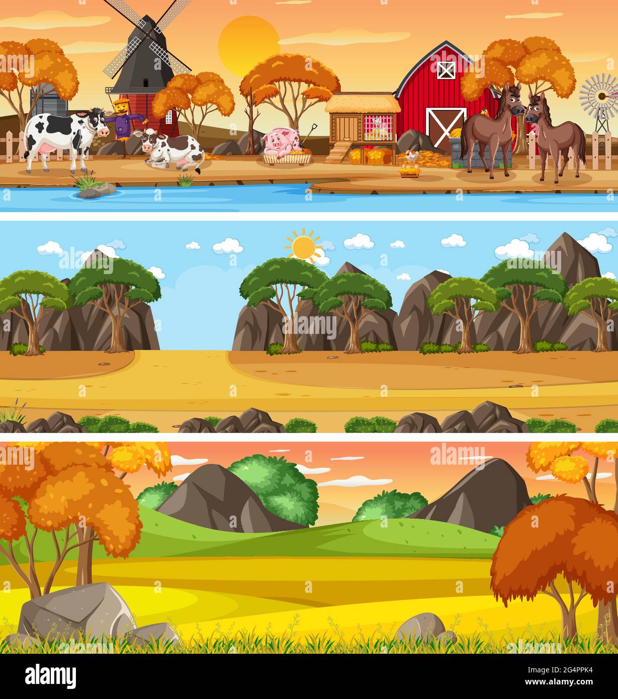 Different nature landscape at daytime scene with cartoon character ...