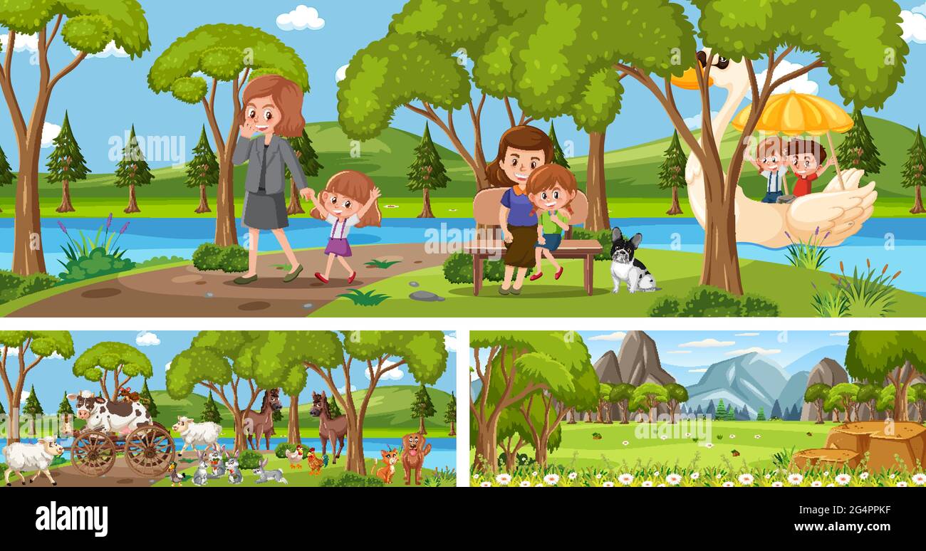 Set of outdoor panoramic landscape with cartoon character illustration ...