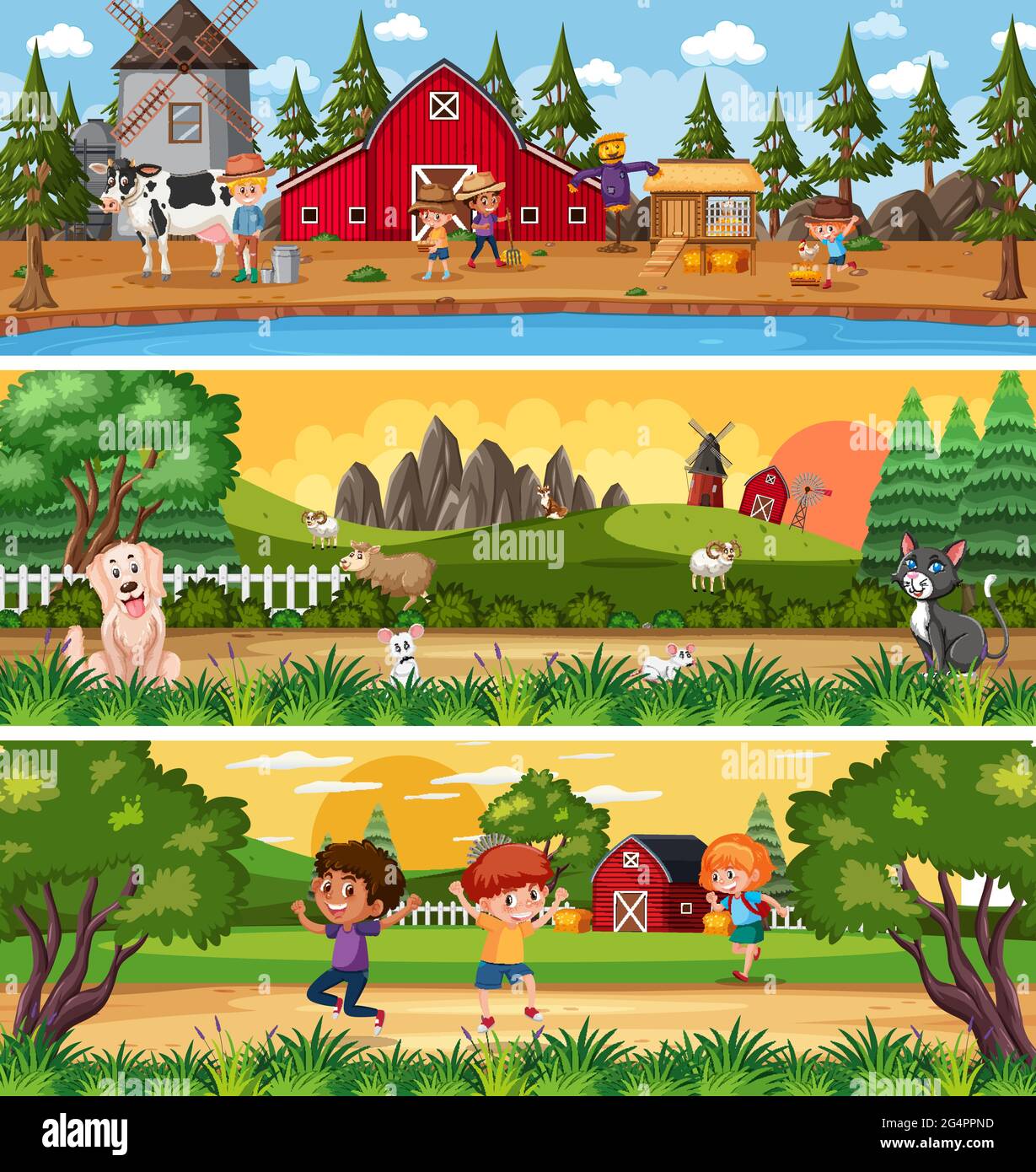 Different nature landscape at daytime scene with cartoon character ...