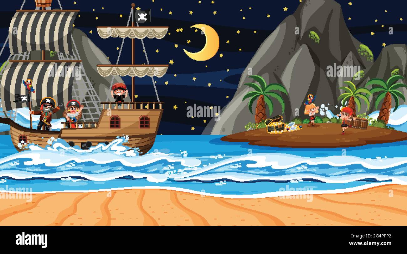Treasure Island scene at night with Pirate kids on the ship ...