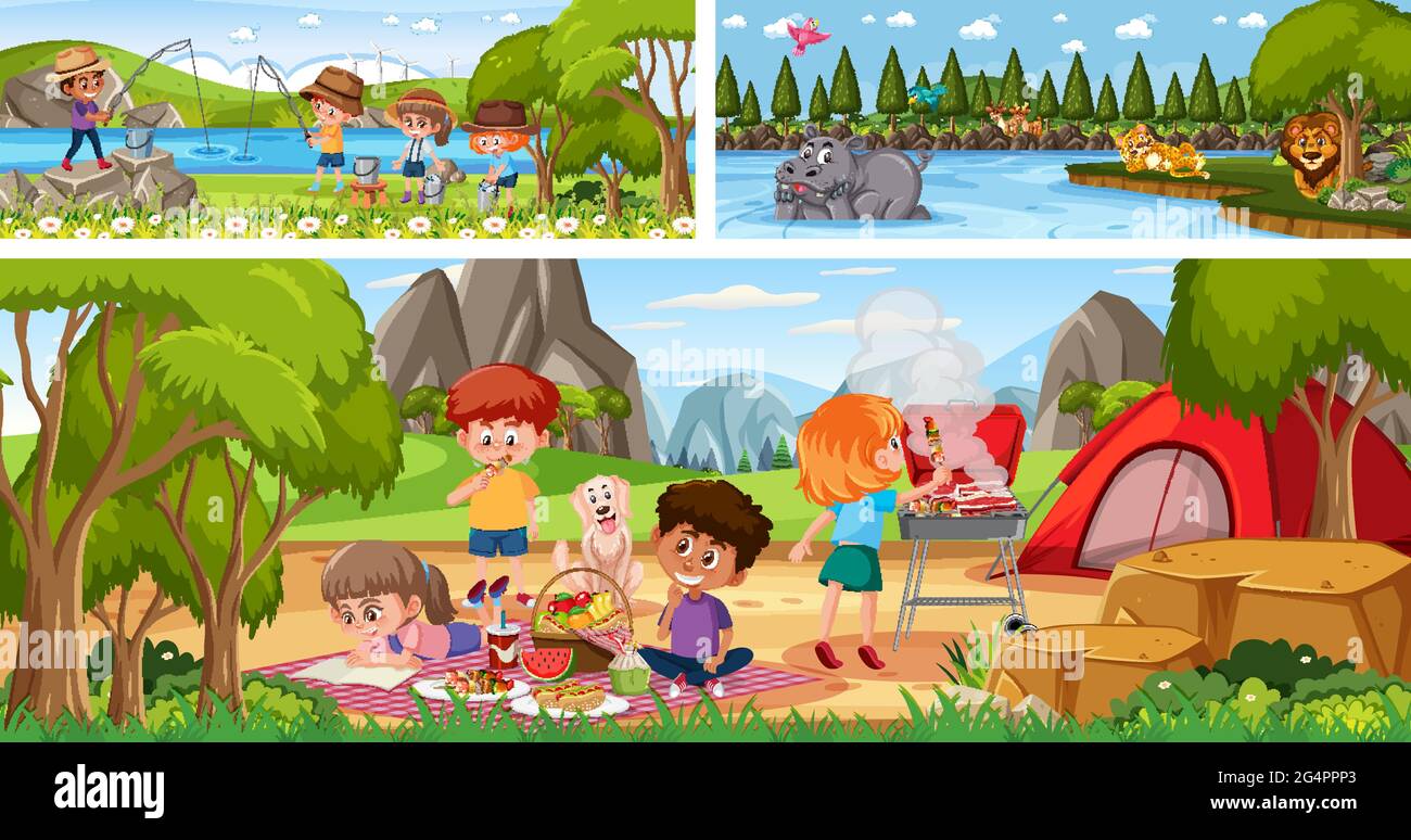 Outdoor panoramic landscape scenes set with cartoon character ...