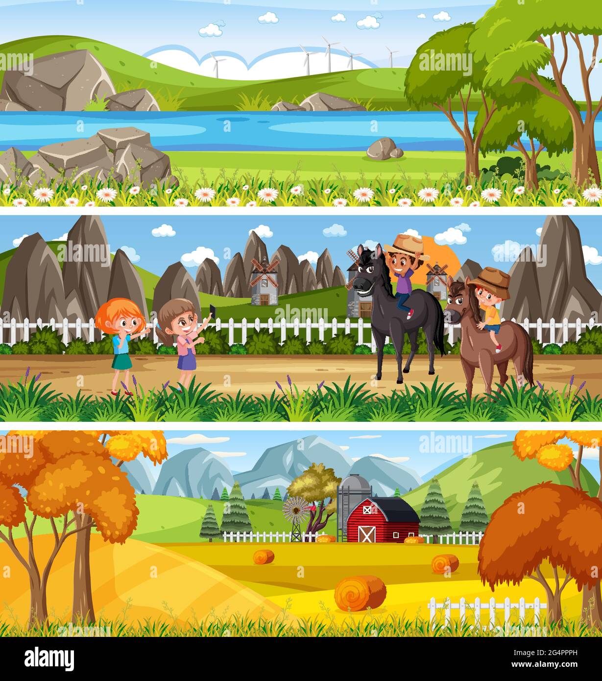Different nature landscape at daytime scene with cartoon character ...