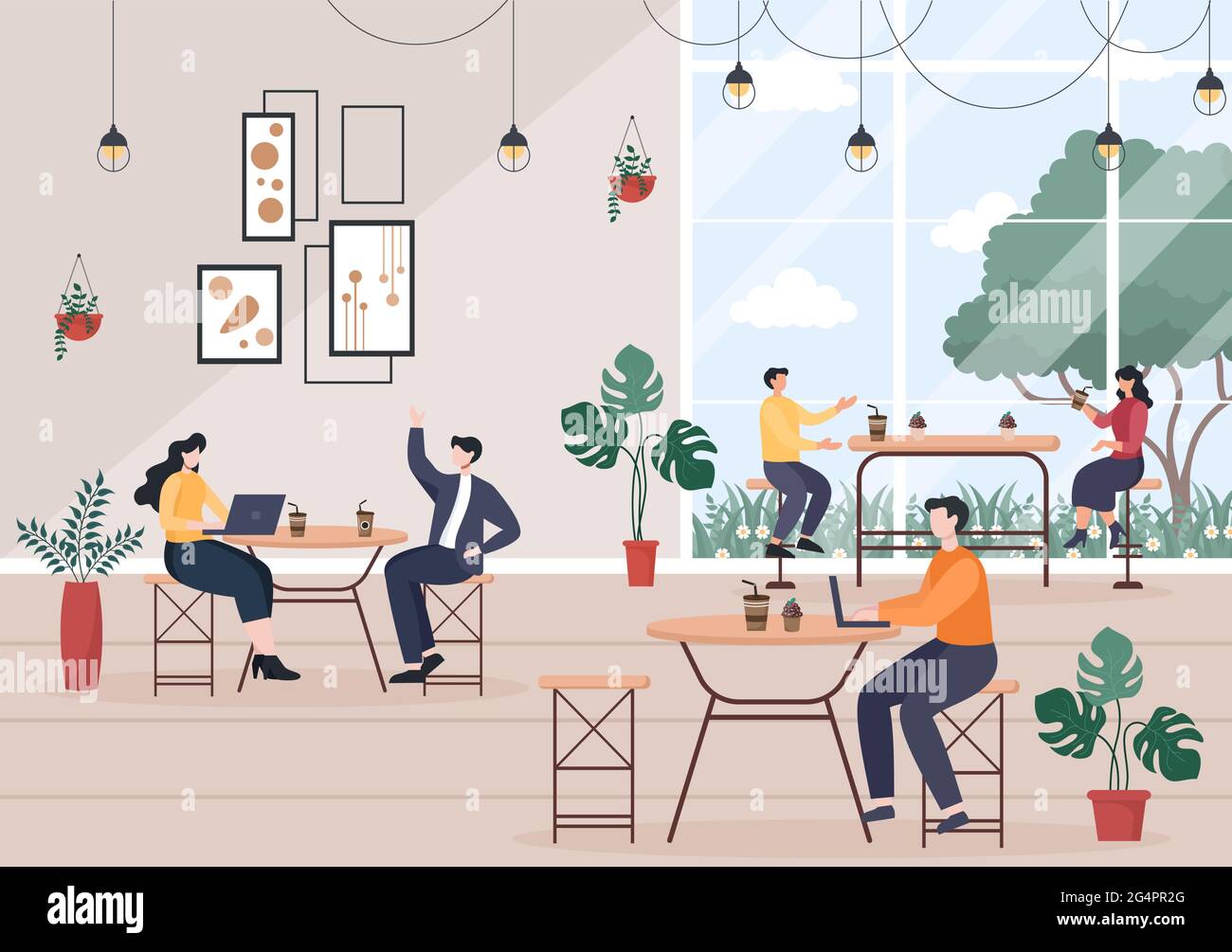 Cafe Illustration With View of People Sitting, Drinking Coffee, Working ...