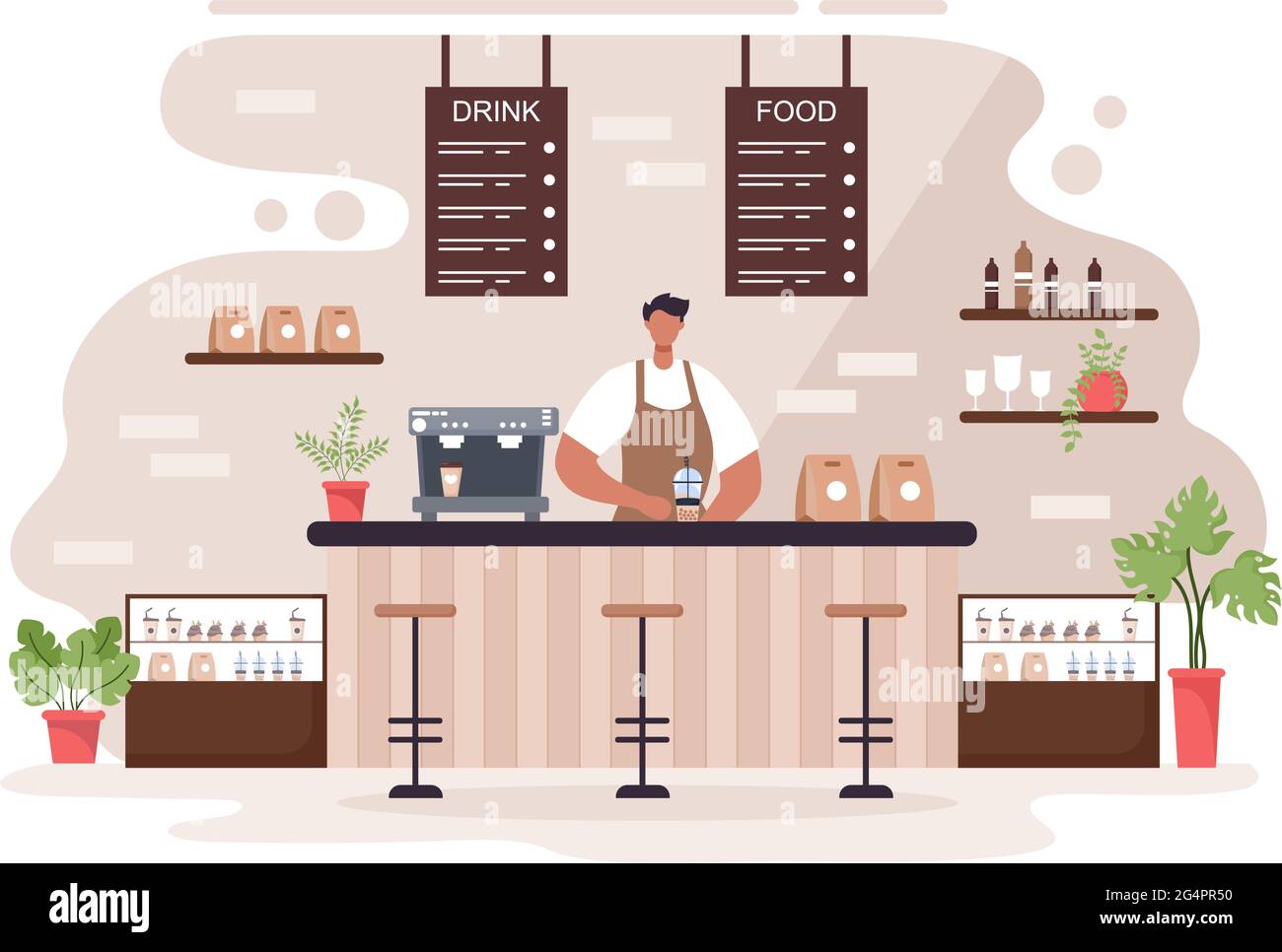 Cafe Illustration With View of People Sitting, Drinking Coffee, Working ...