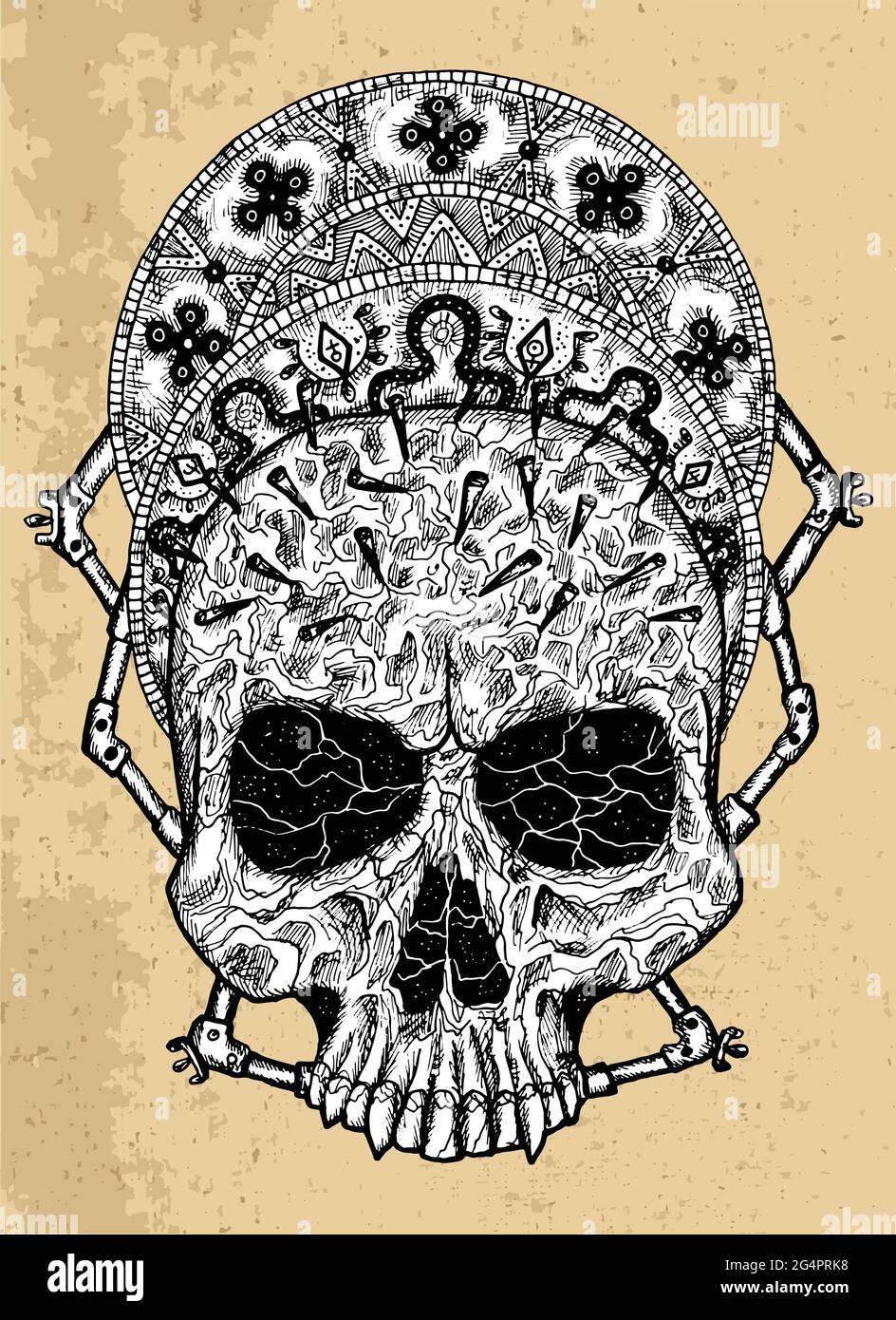 Textured black and white scary illustration of vector skull with ...