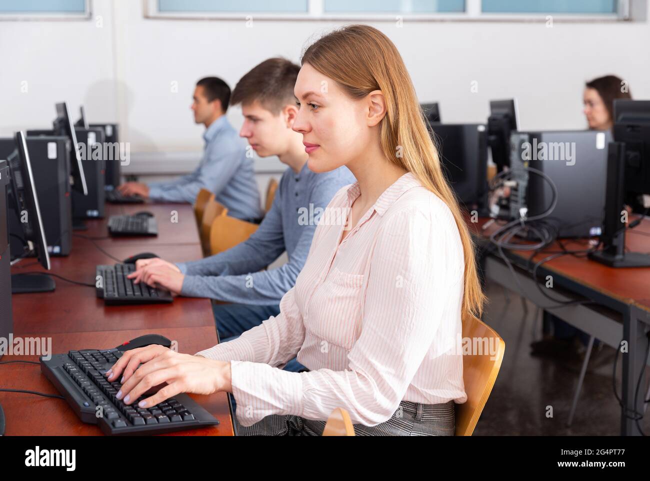 Side view of focused female and male students working on computers in ...