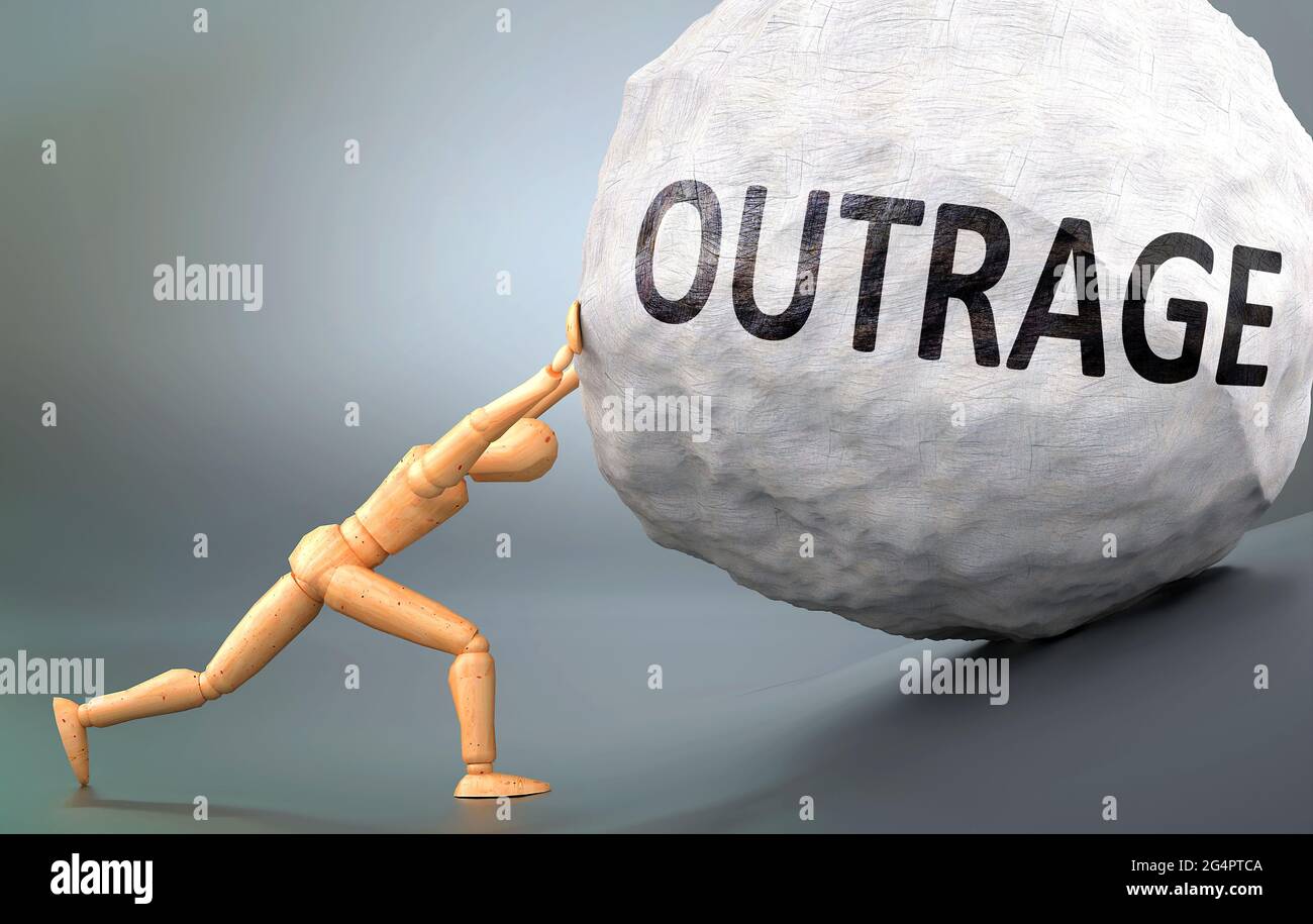 Outrage and painful human condition, pictured as a wooden human figure ...