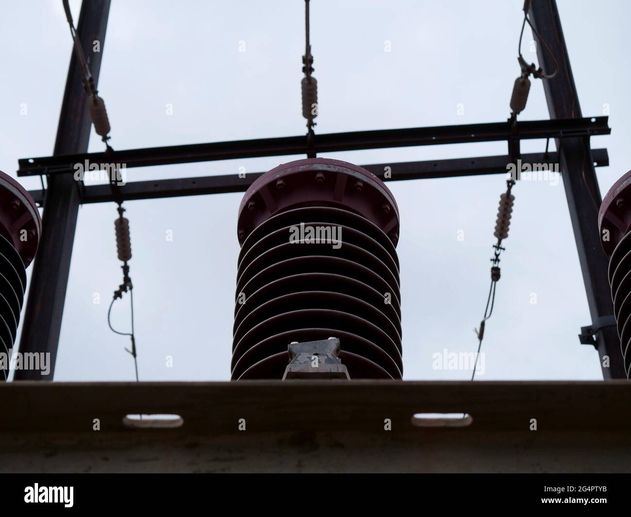 Industrial electric supply heavy equipment tower on sky background ...
