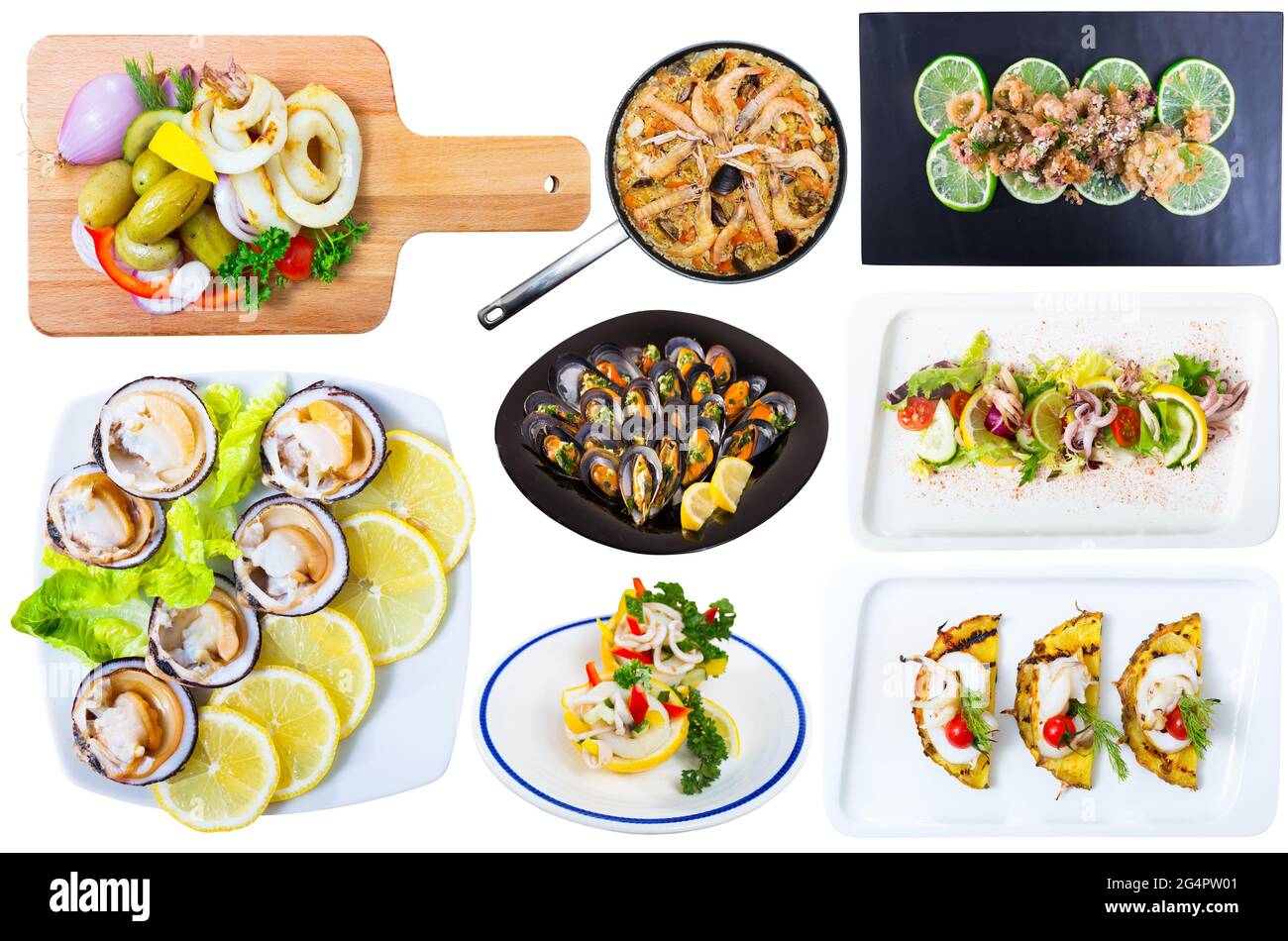 Set of assorted seafood dishes Stock Photo - Alamy