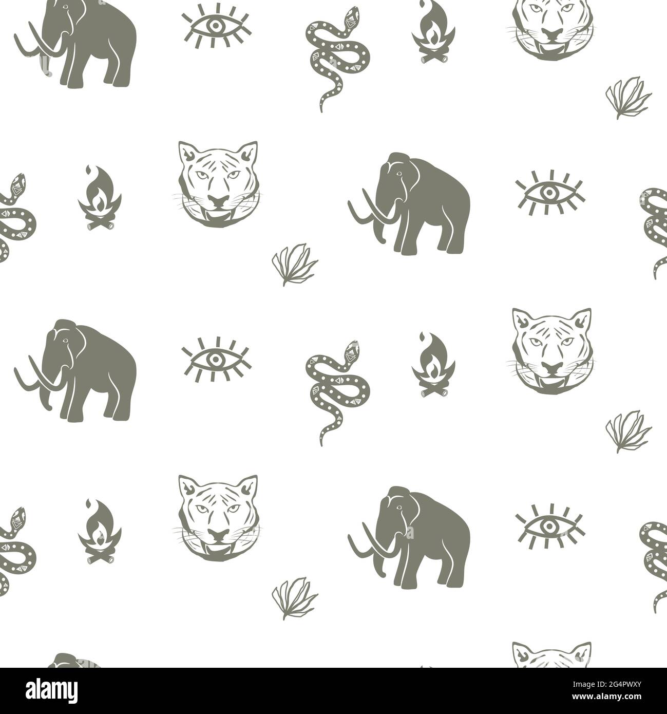 Mammoth seamless pattern with tiger and snake stone age theme ...
