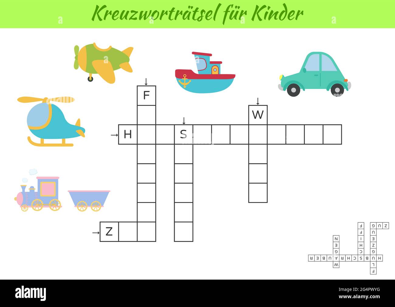 Crossword for kids in German with pictures of transport. Educational ...