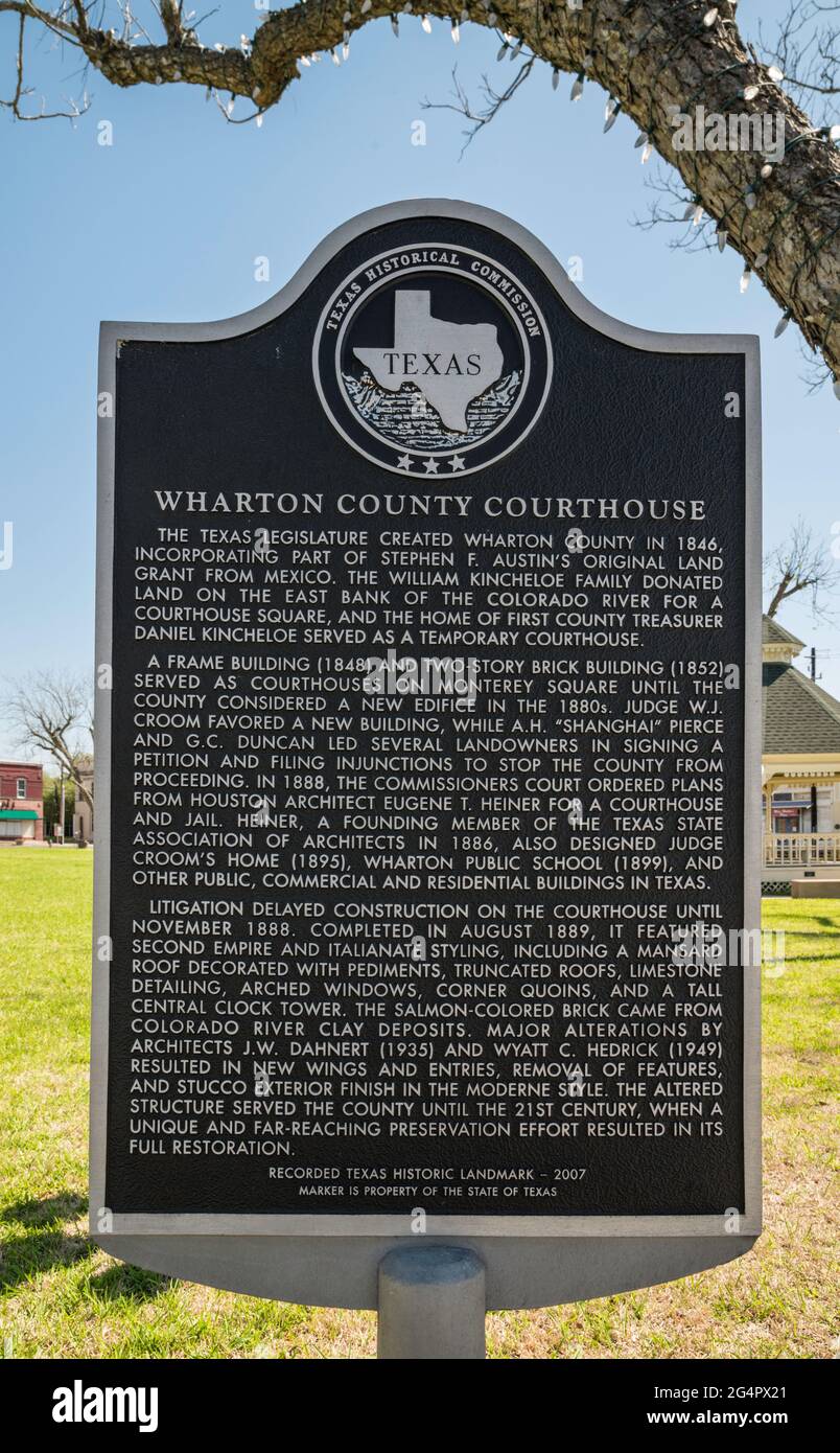 Historical marker at Wharton County Courthouse in Wharton, Texas, USA ...