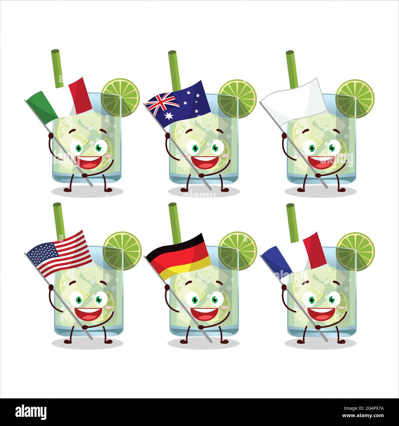 Guaro cartoon character bring the flags of various countries. Vector ...
