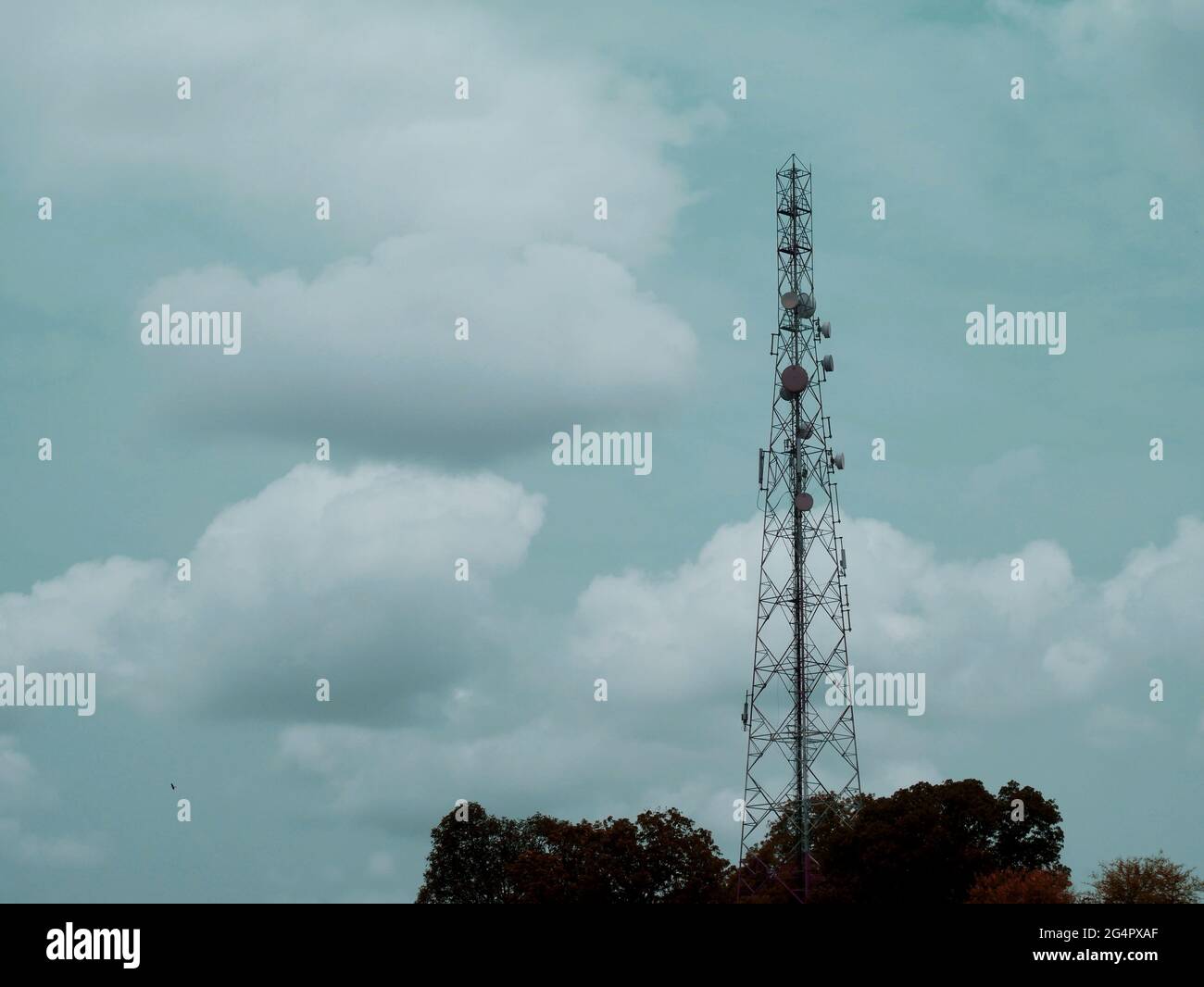 Mobile network tower on sky isolate, Communication industrial image ...