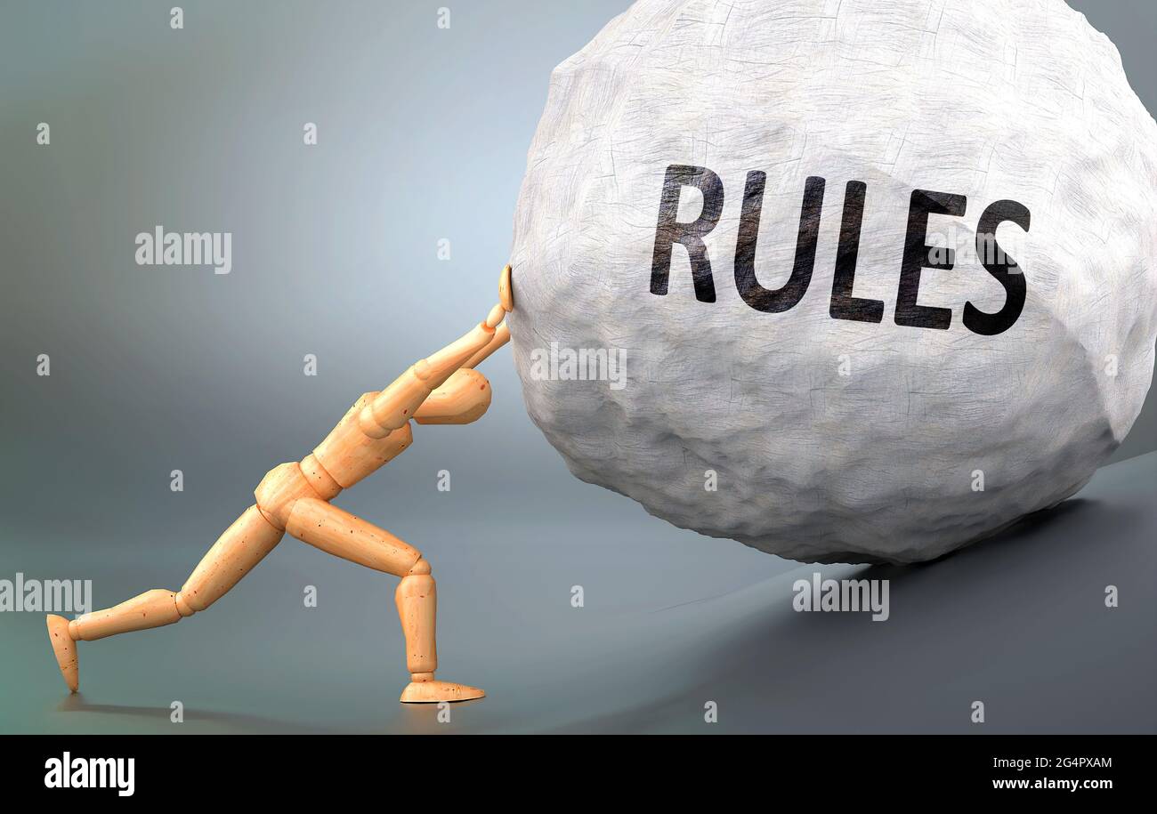 Rules and painful human condition, pictured as a wooden human figure ...