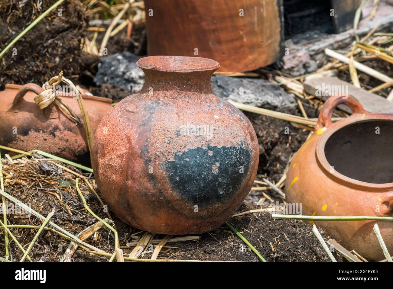 charred clay pot from floating Uros islands of lake Titicaca in Peru ...