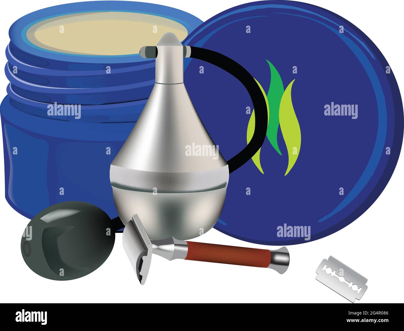 Illustration of a razor blade, cream, and puff perfume bottle isolated ...