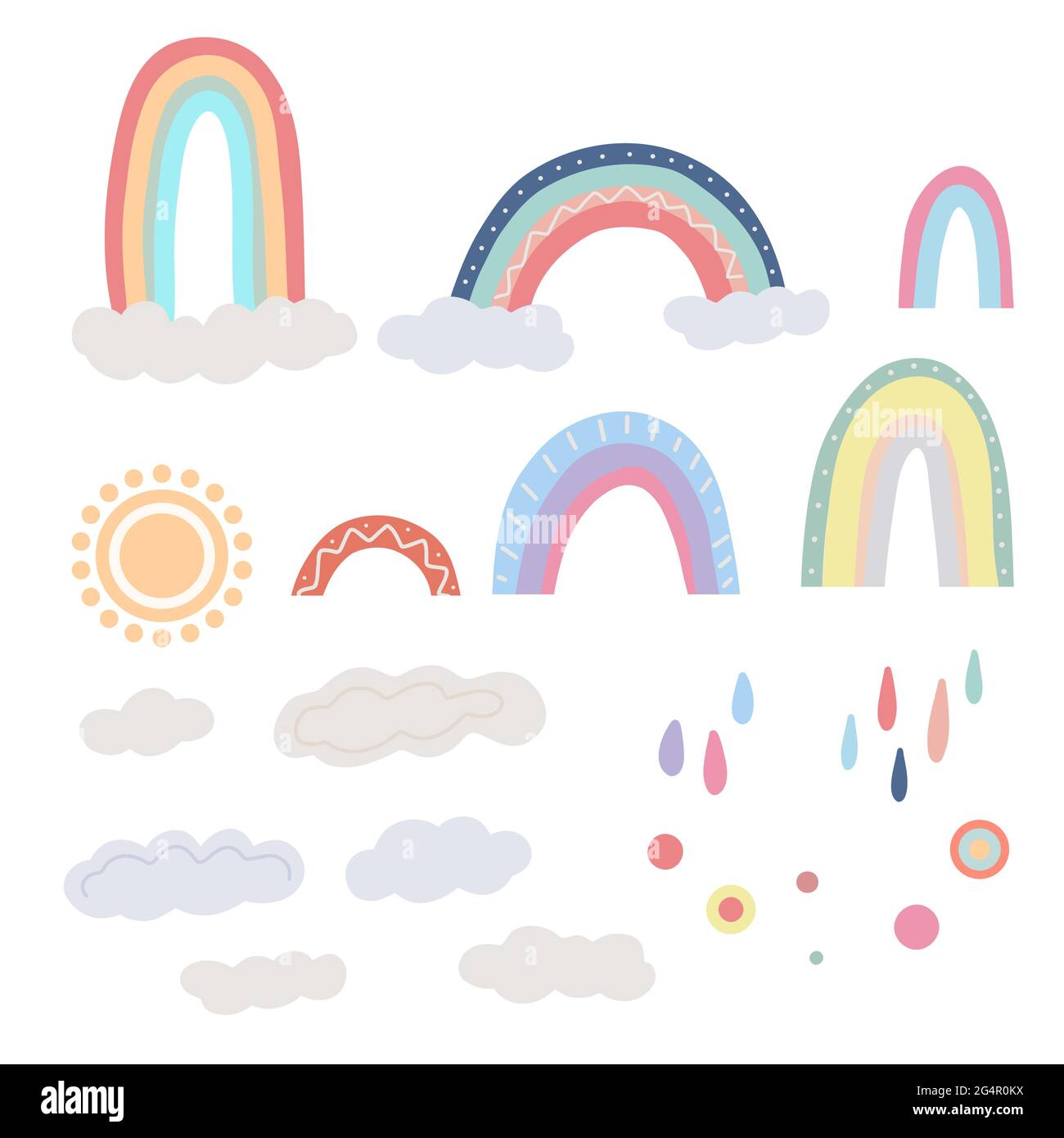 Set of cute childish different rainbows, cloud, sun, colorful drops and ...