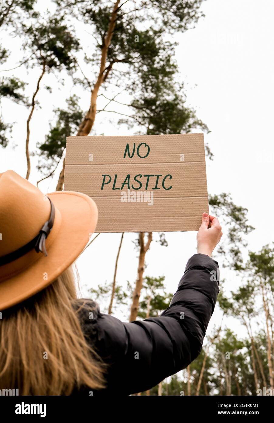 Female hands holding cardboard with text NO PLASTIC outdoors. Nature ...