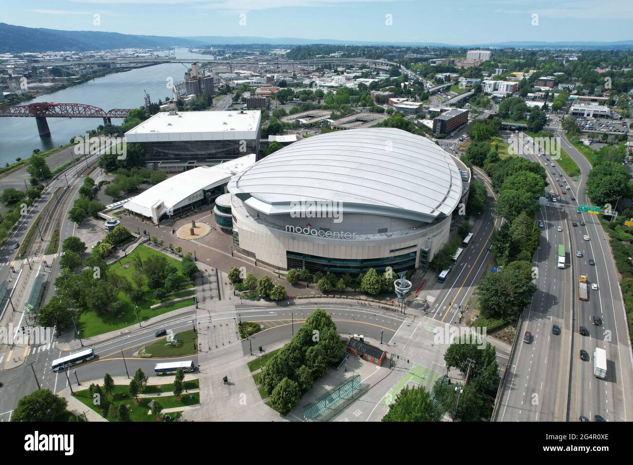 An aerial view of the Moda Center, Tuesday, June 22, 2021, in Portland ...