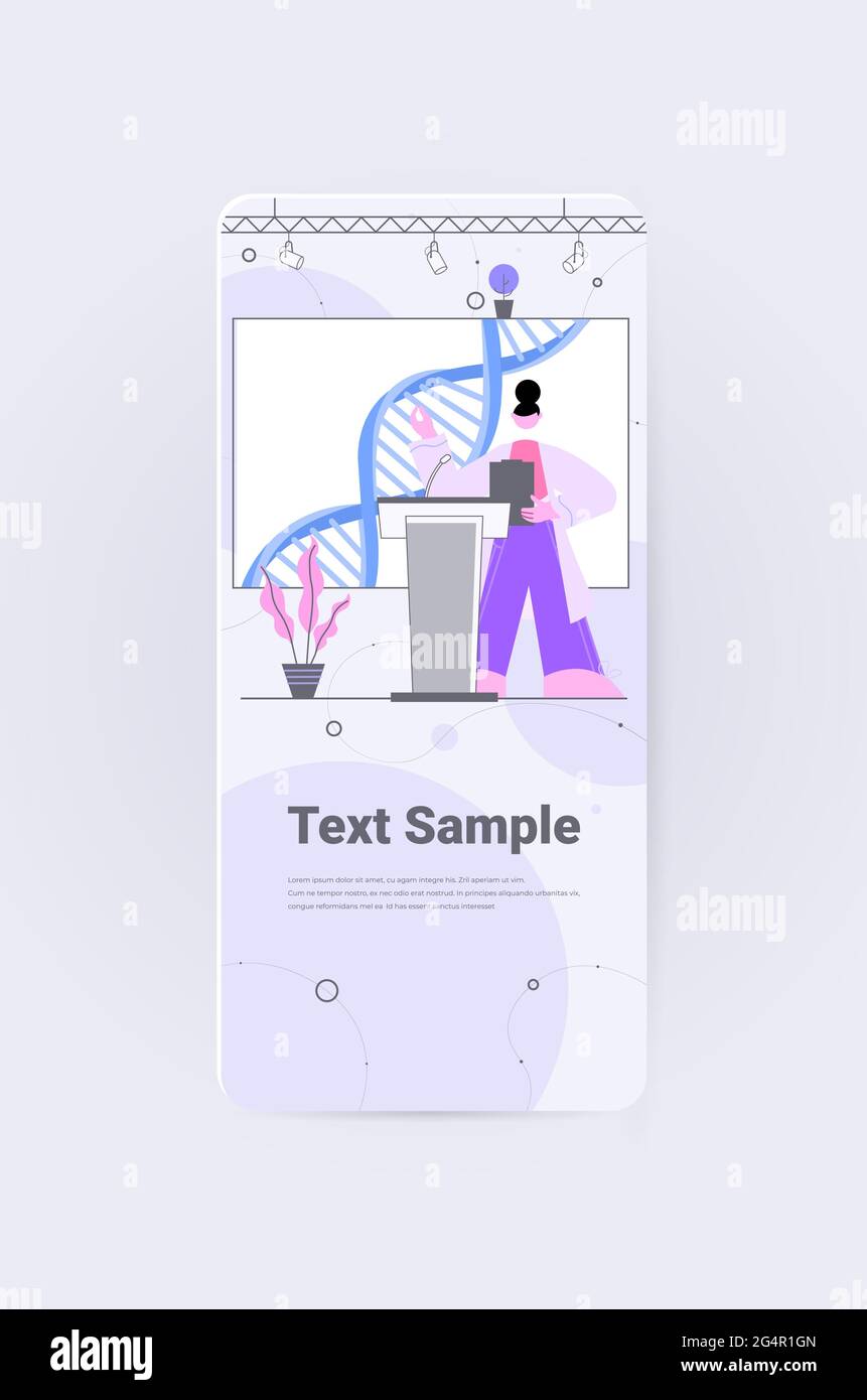 female scientist giving speech from tribune DNA testing genetic ...