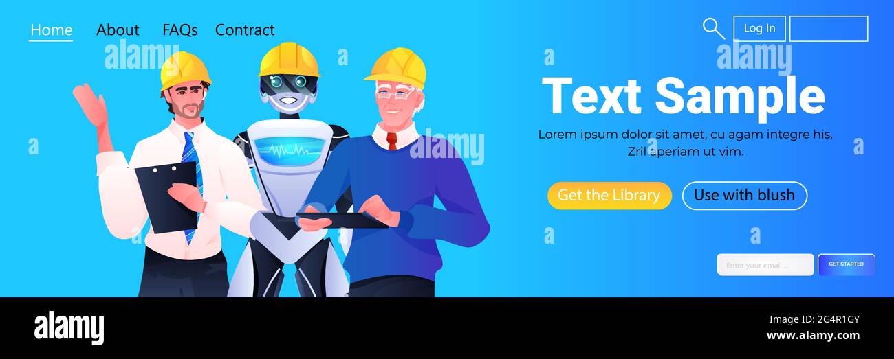 robot and workmen engineers in hardhats standing together construction ...