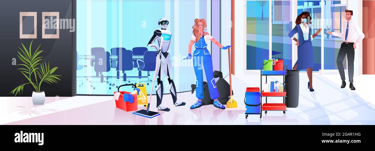 robotic janitor with woman cleaner robot vs human working together in ...