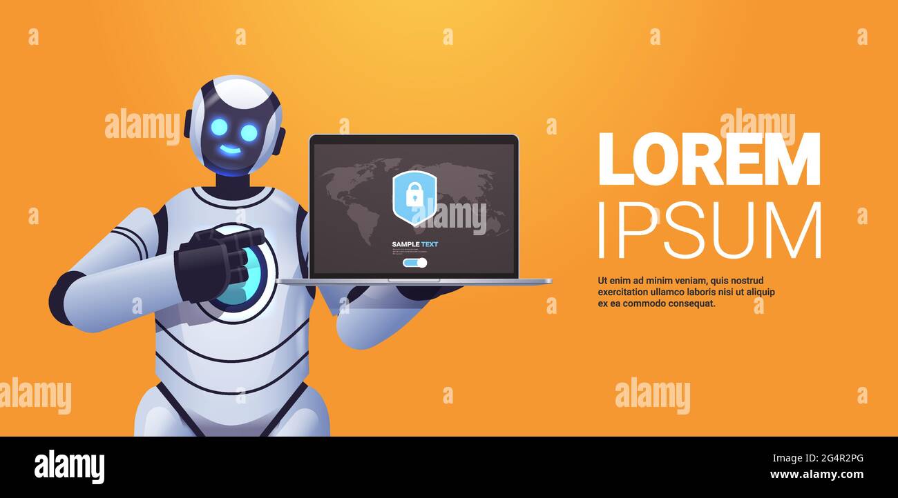 robot cyborg holding laptop with protection shield cyber security data ...