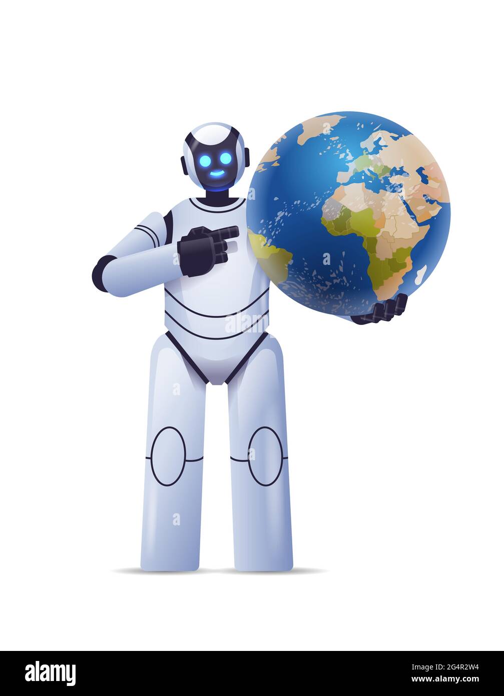 robot cyborg holding planet earth globe modern robotic character ...