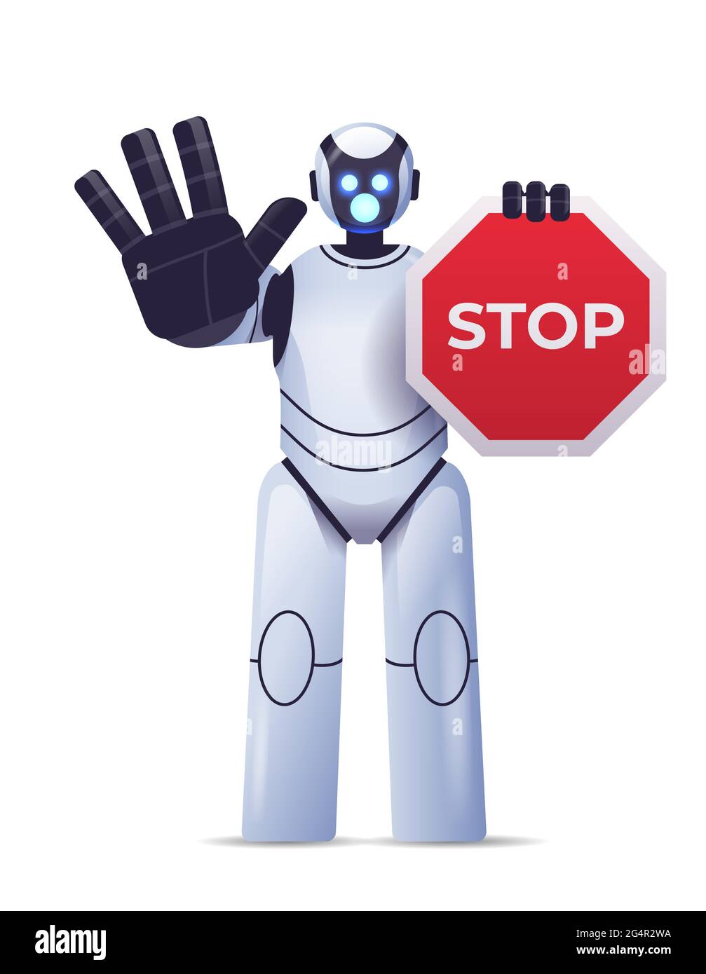 robot cyborg holding red stop sign robotic character showing no entry ...