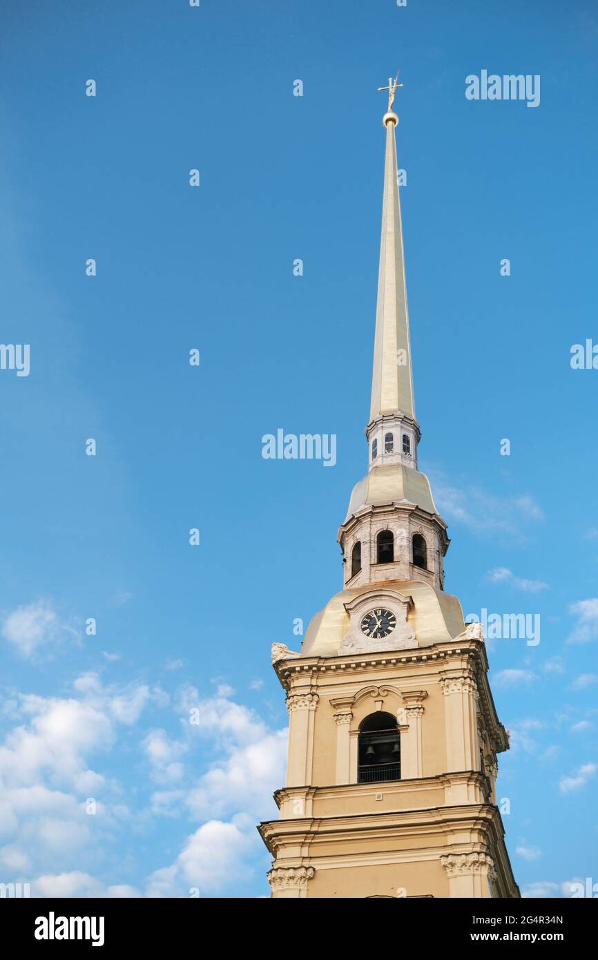 Spire of Peter and Paul Cathedral on a background of blue sky Stock ...