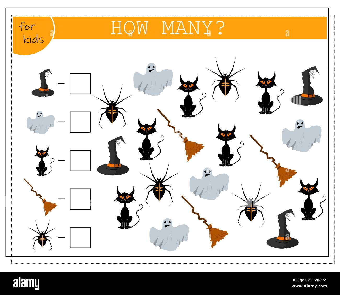 math game for kids count how many of them, broom, ghost, cat, spider ...