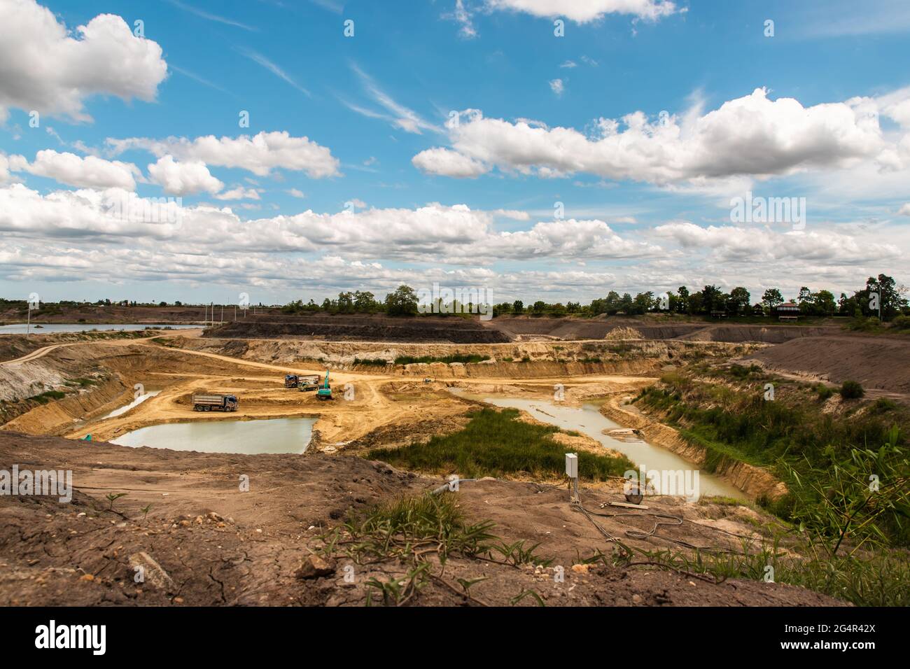 Pile of gravel and sand after excavation. Piled up in a quarry for ...